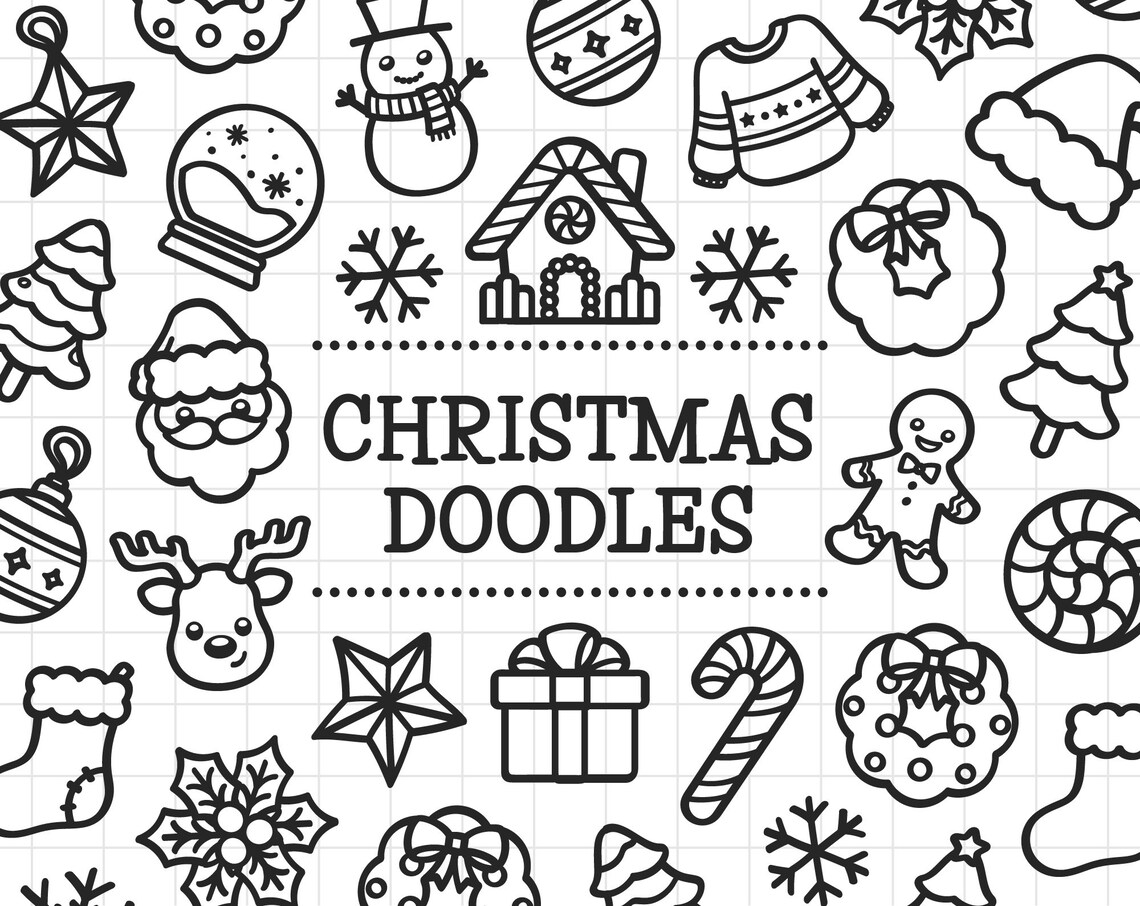 Christmas Doodles Digital Stamp Clipart. Snowman, Snowflake, Santa ...