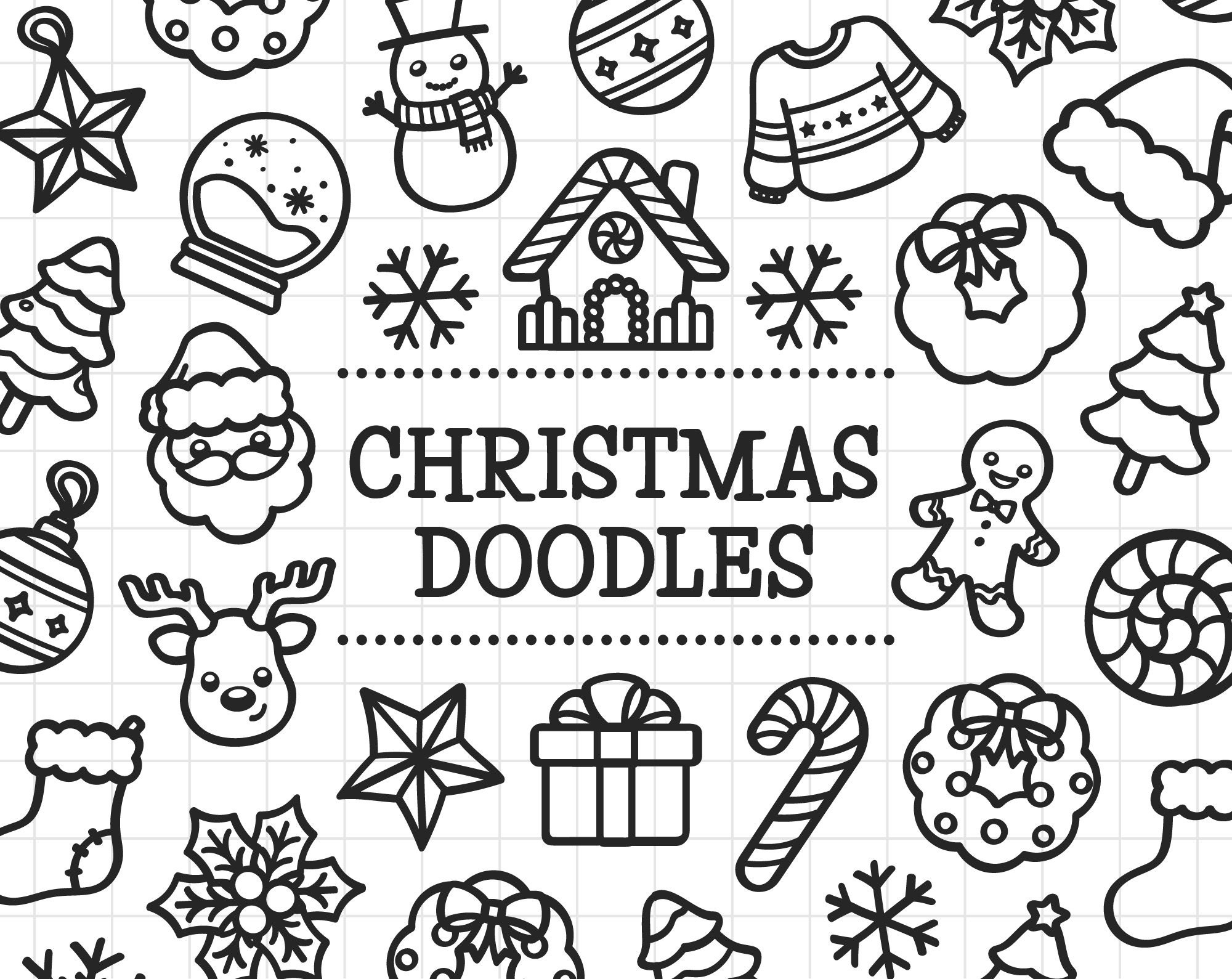 Christmas Doodles Digital Stamp Clipart. Snowman, Snowflake, Santa ...