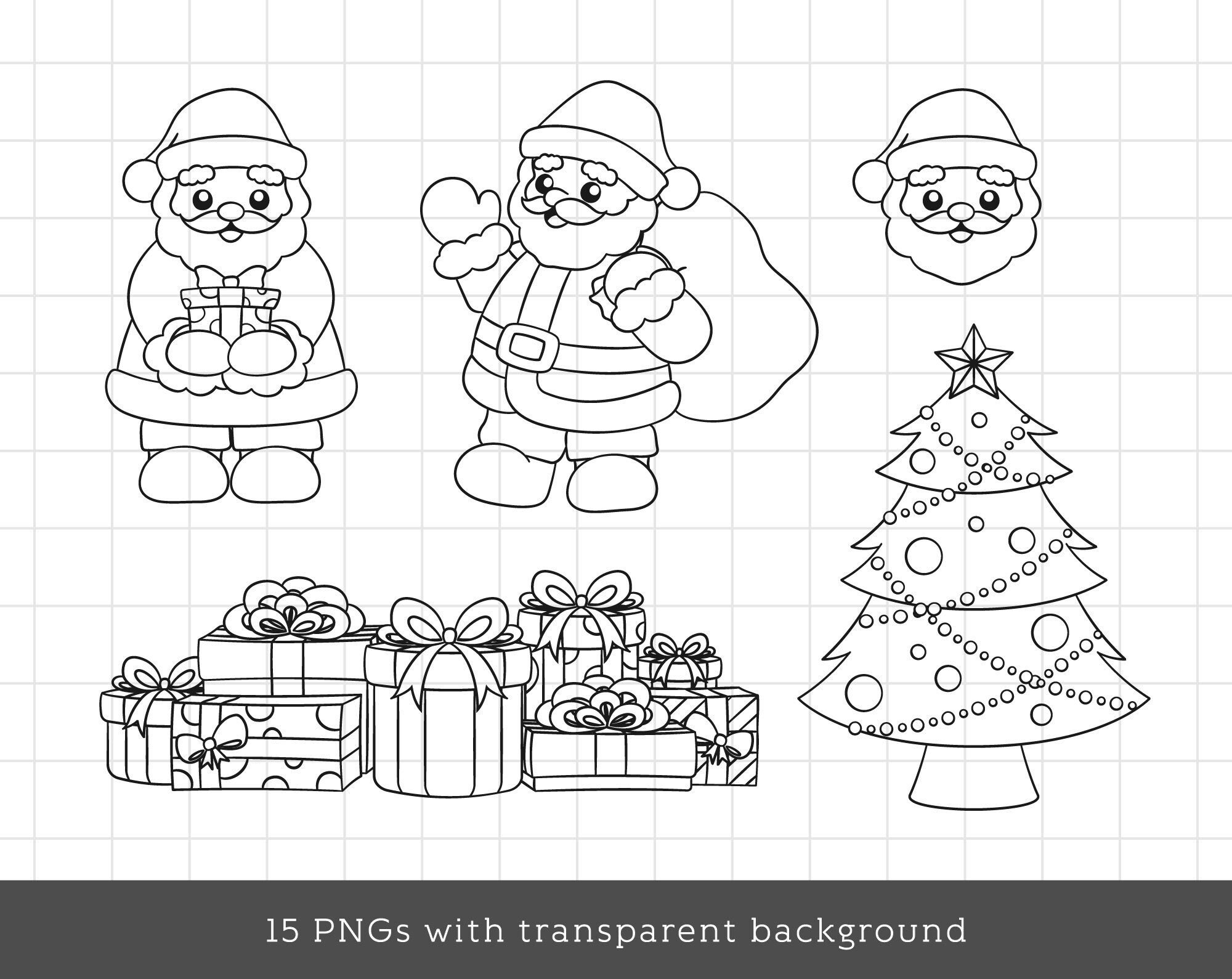 Santa Claus and Gifts Line Art Clipart. Cute Christmas Doodles Outline ...