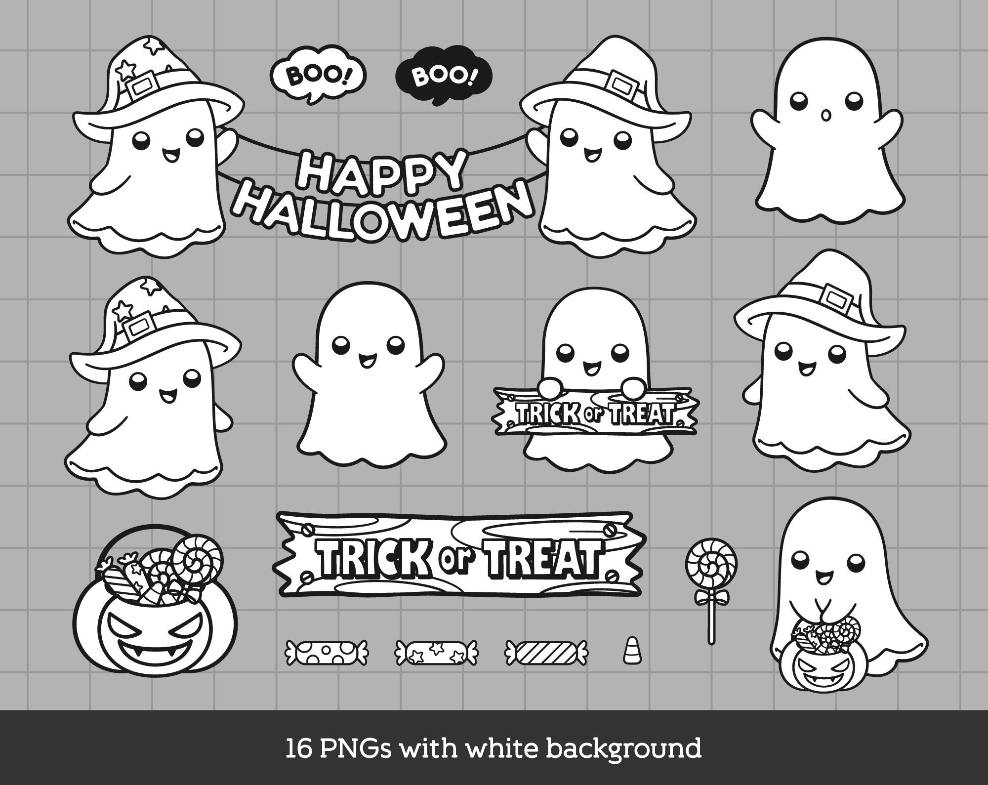 Cute Ghost Digital Stamp. Halloween Digistamp. Chibi Ghosts Line Art ...