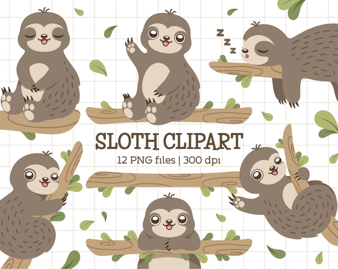 Sloth Clipart. Cute Sloth Clip Art. Sloth on Branch Clipart. Sleeping ...