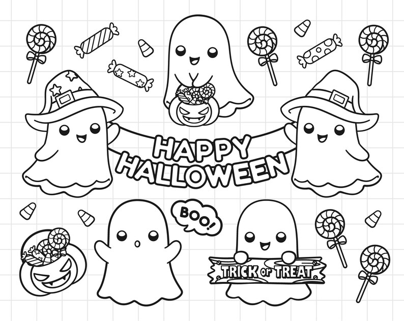 Cute Ghost Digital Stamp. Halloween Digistamp. Chibi Ghosts Line Art ...