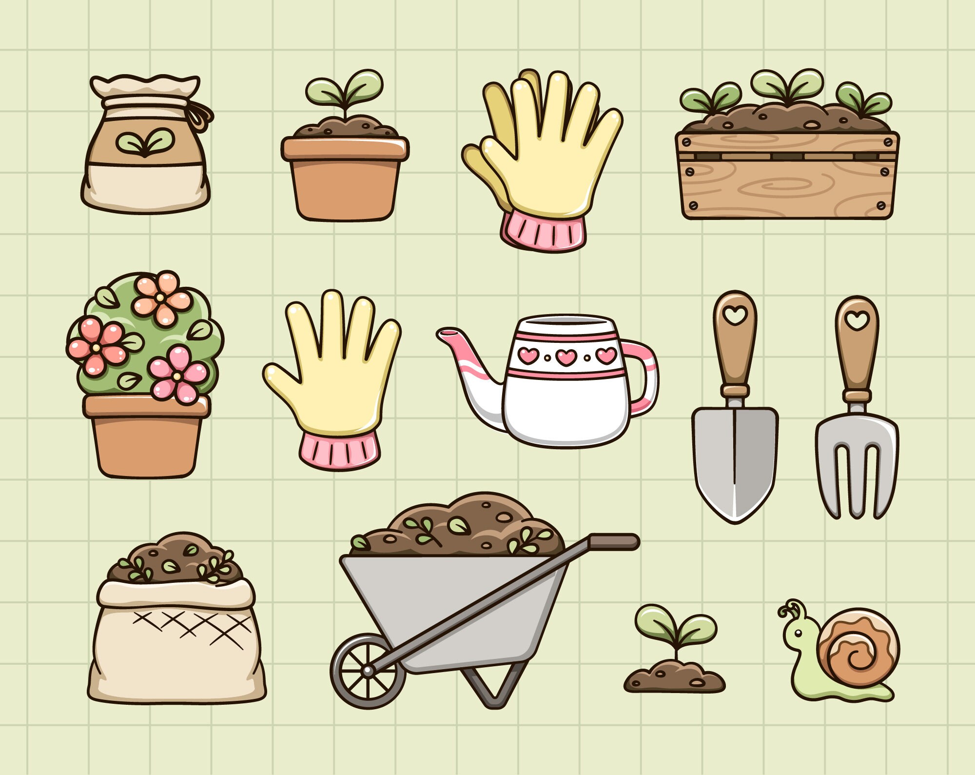 Gardening Clipart, Potted Plants, Spring Flowers, Tools, Watering Pot ...