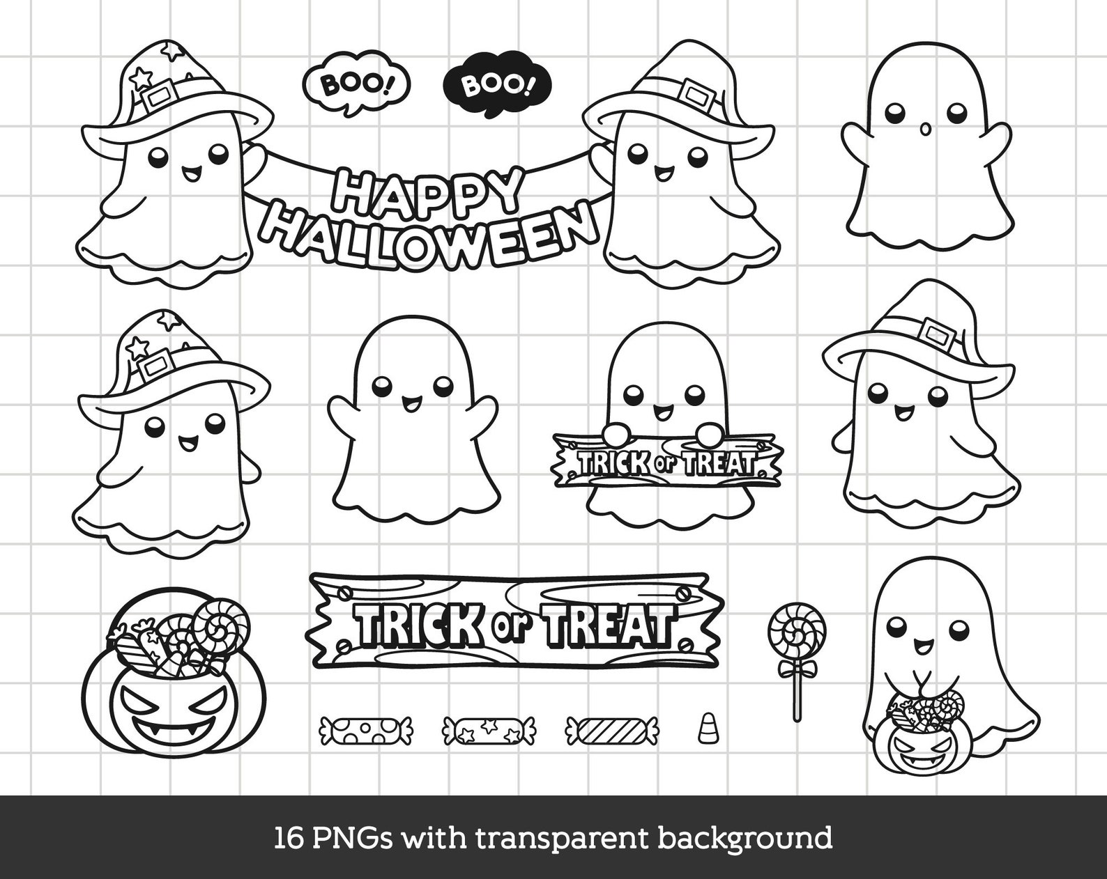 Cute Ghost Digital Stamp. Halloween Digistamp. Chibi Ghosts Line Art ...