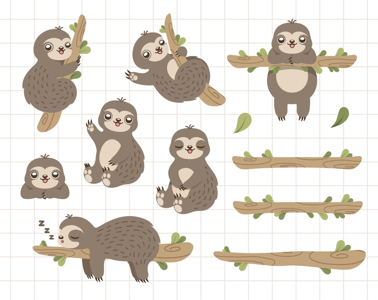 Sloth Clipart. Cute Sloth Clip Art. Sloth on Branch Clipart. Sleeping ...