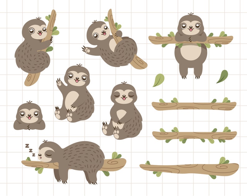 Sloth Clipart. Cute Sloth Clip Art. Sloth on Branch Clipart. Sleeping ...