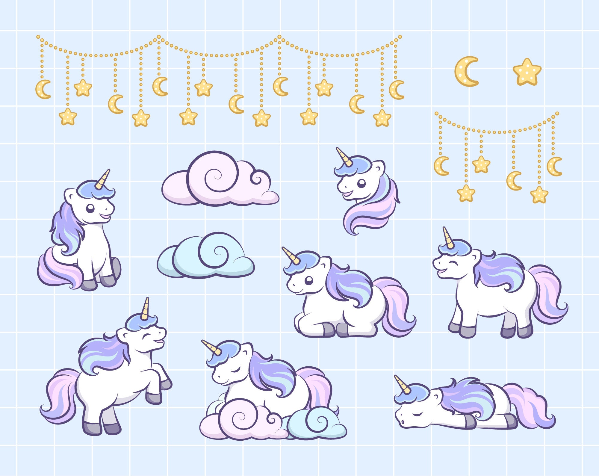 Pastel Unicorns Clipart Bundle. Sleeping Magical Unicorn, Nighttime ...