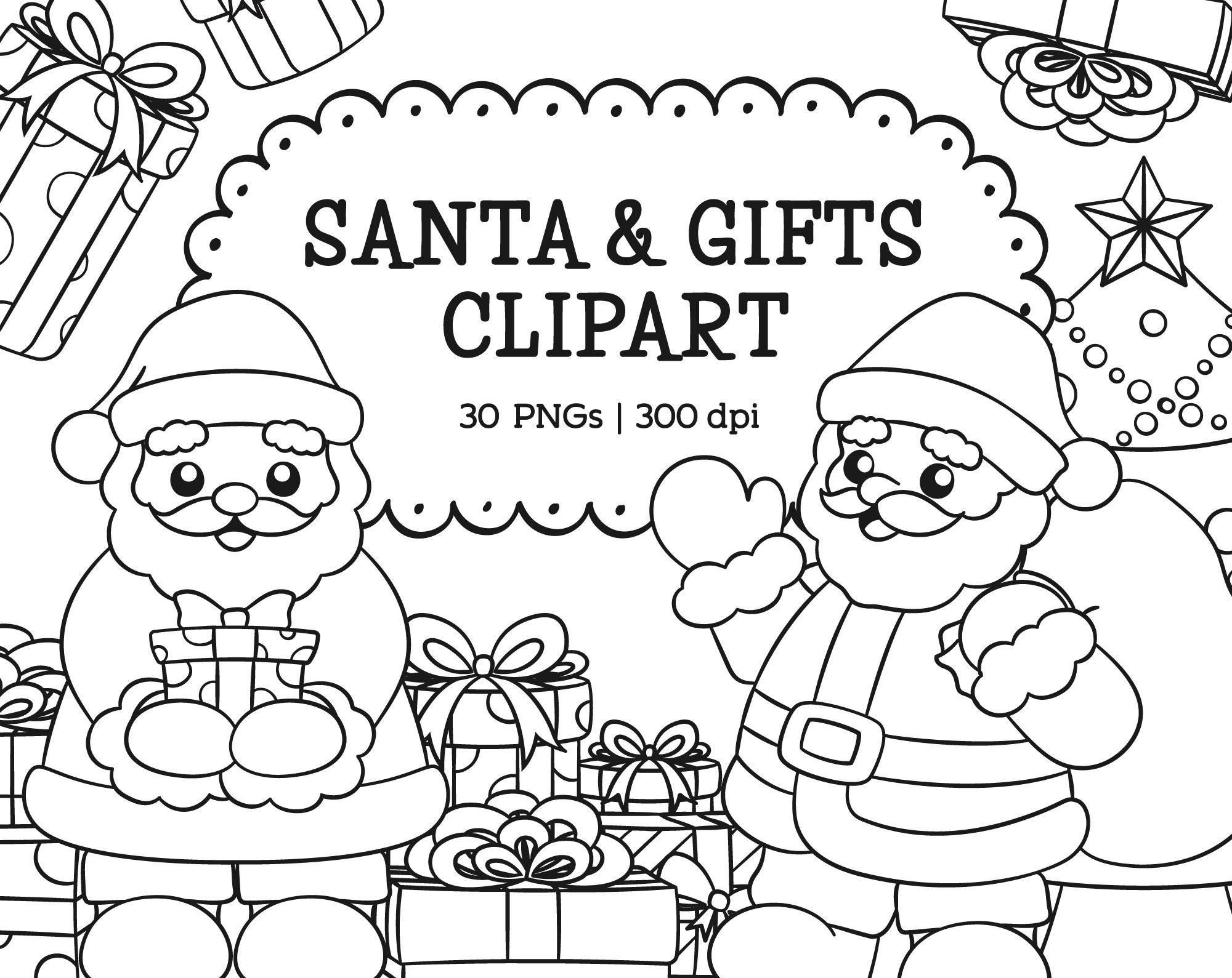 Santa Claus and Gifts Line Art Clipart. Cute Christmas Doodles Outline ...