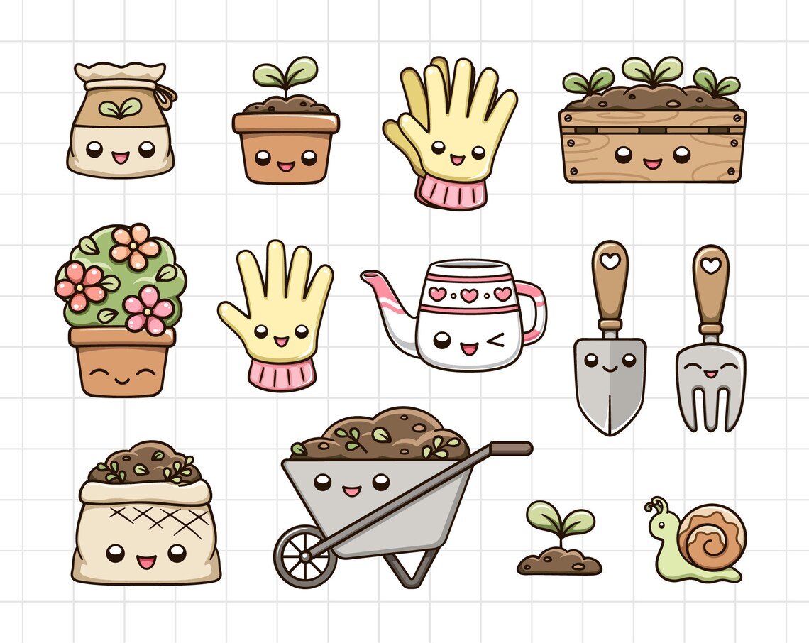 Kawaii Gardening Clipart, Potted Plants, Spring Flowers, Tools ...