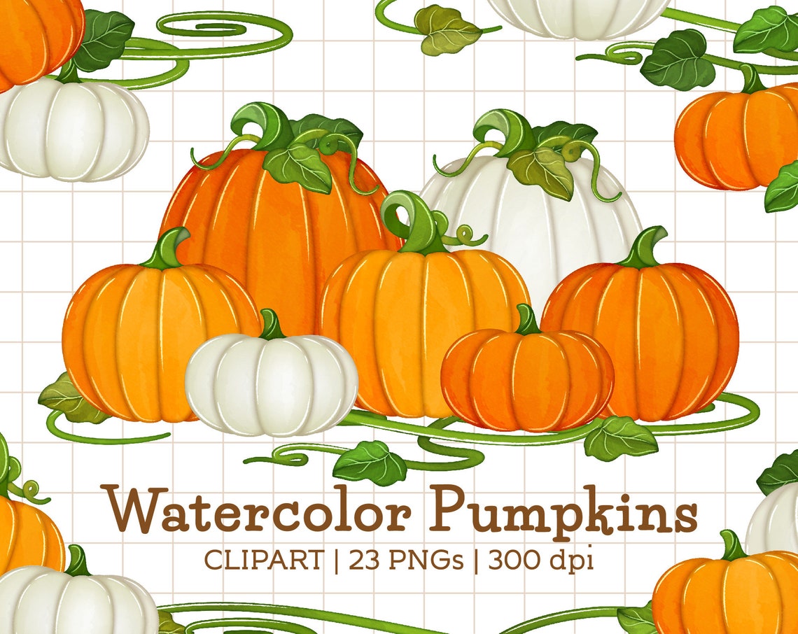Watercolor Pumpkin Clipart, Autumn Leaves Clip Art, Fall Design Element ...