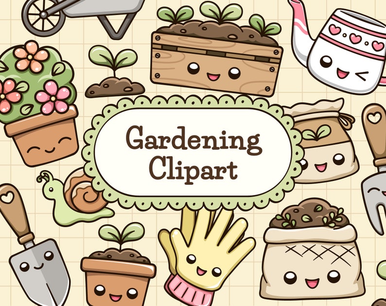 Kawaii Gardening Clipart, Potted Plants, Spring Flowers, Tools ...