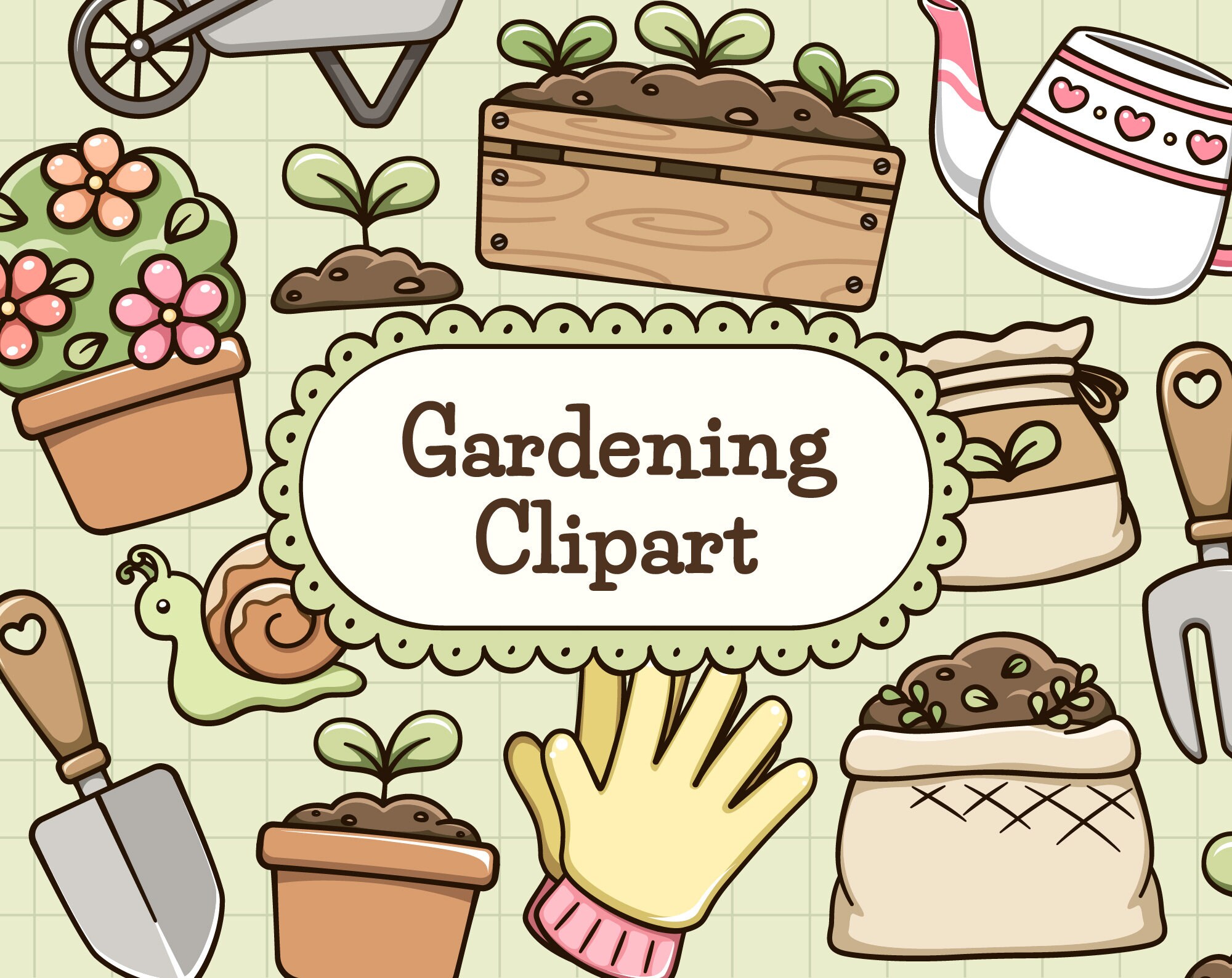 Gardening Clipart, Potted Plants, Spring Flowers, Tools, Watering Pot ...