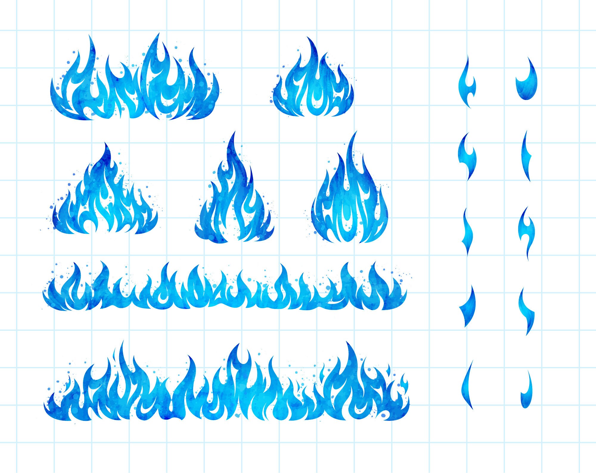 Blue Flames Watercolor Clipart Bundle, Glowing Fire Fireball Border ...