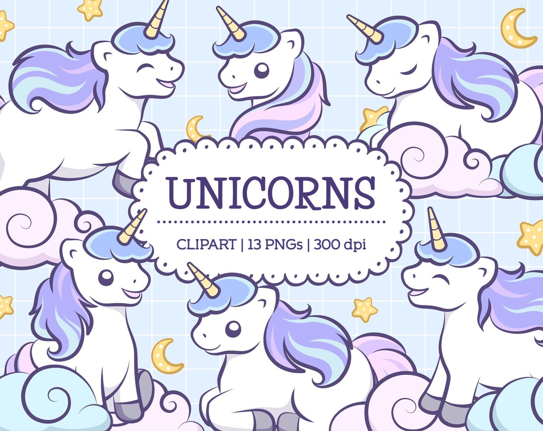 Pastel Unicorns Clipart Bundle. Sleeping Magical Unicorn, Nighttime ...