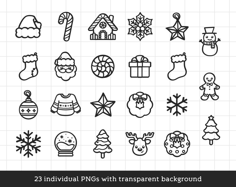 Christmas Doodles Digital Stamp Clipart. Snowman, Snowflake, Santa ...