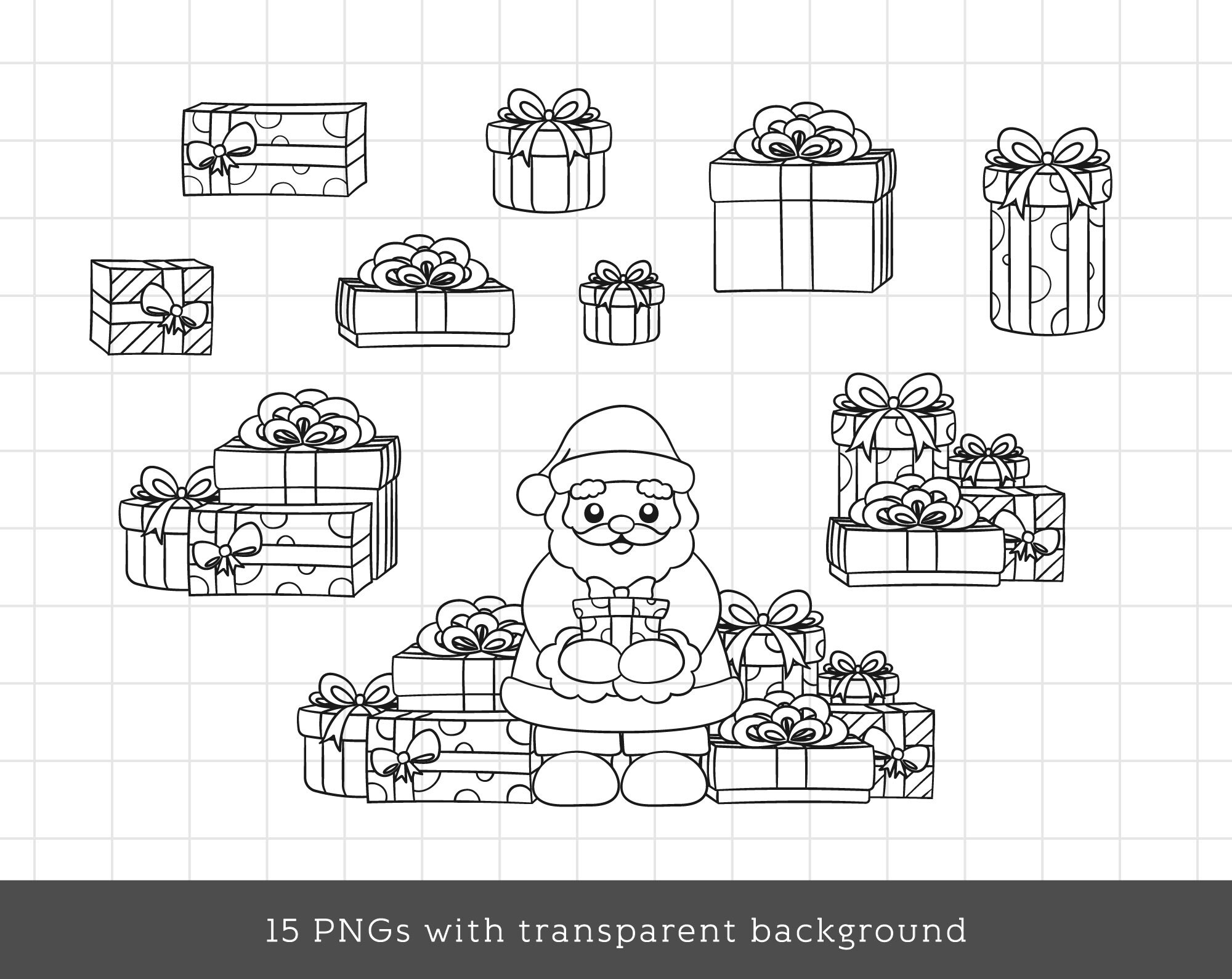 Santa Claus and Gifts Line Art Clipart. Cute Christmas Doodles Outline ...