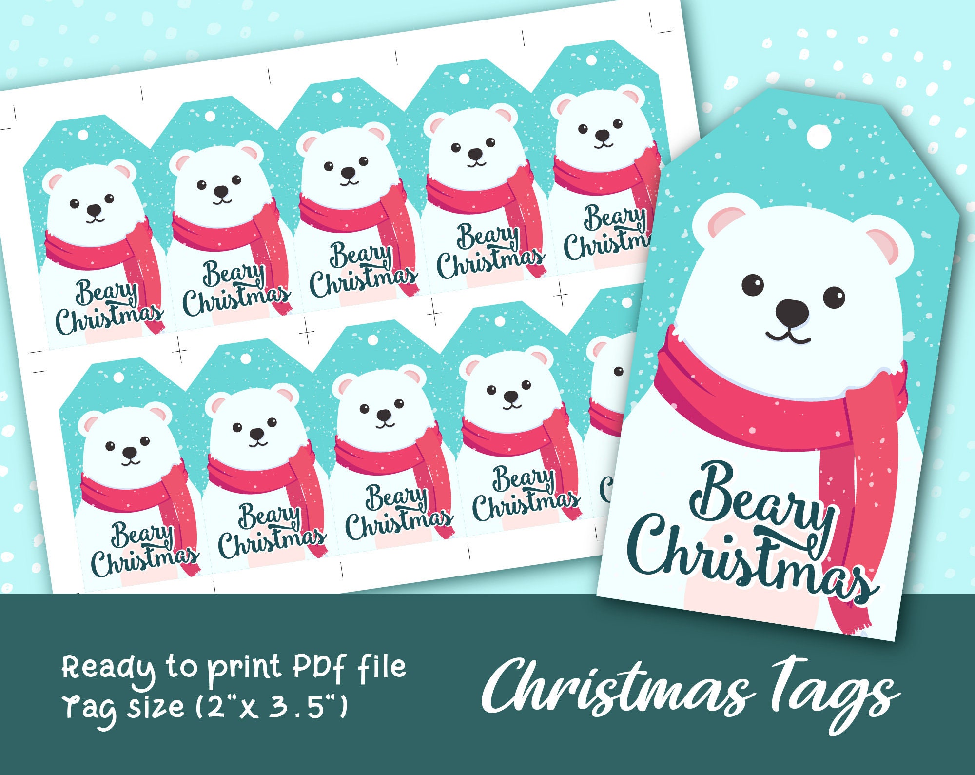 Beary Christmas Gift Tags Printable. Cute Snow Polar Bear Holiday Tags ...