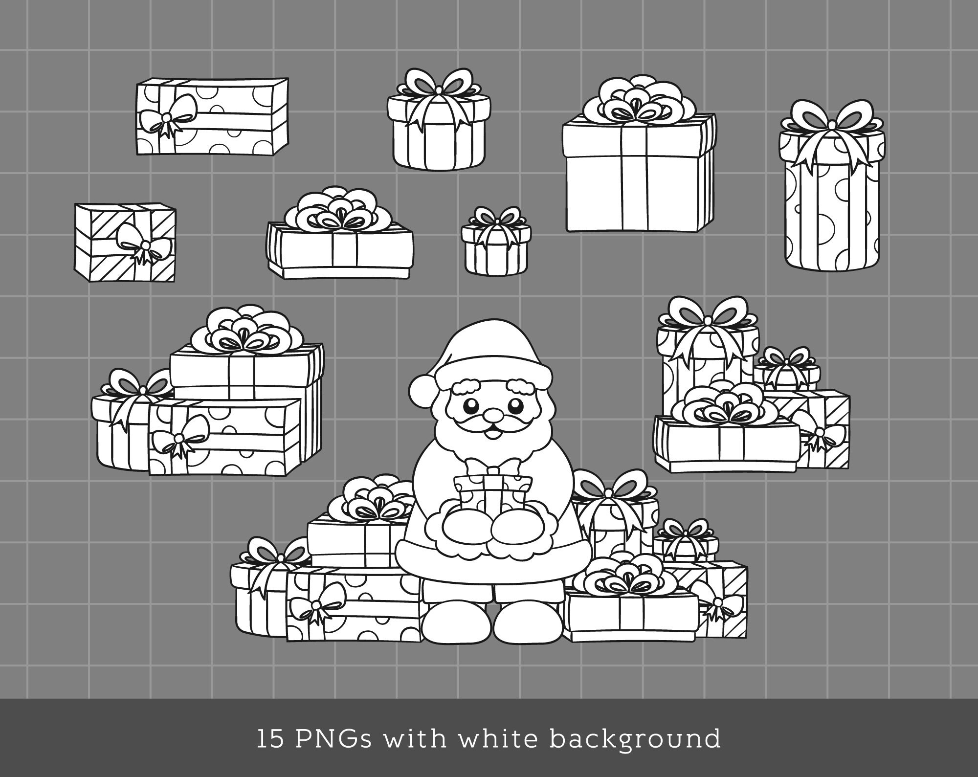 Santa Claus and Gifts Line Art Clipart. Cute Christmas Doodles Outline ...