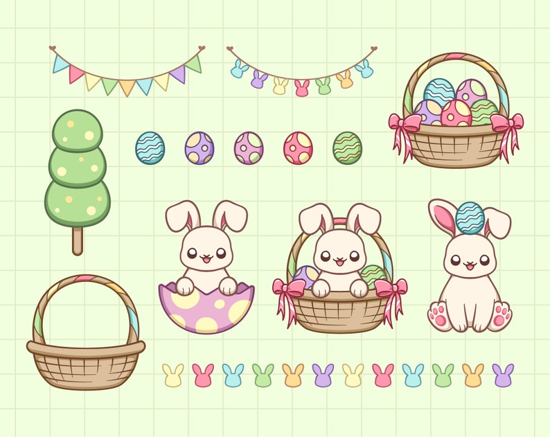 Easter Clipart Set. Pastel Rabbit Bunting Banner, Eggs, Egg Basket ...