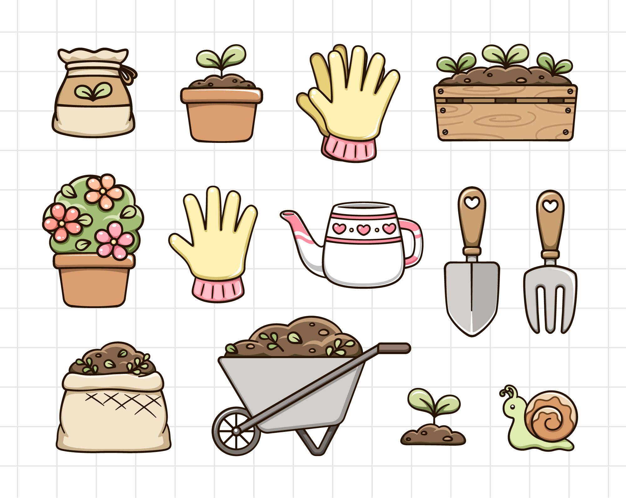 Gardening Clipart, Potted Plants, Spring Flowers, Tools, Watering Pot ...