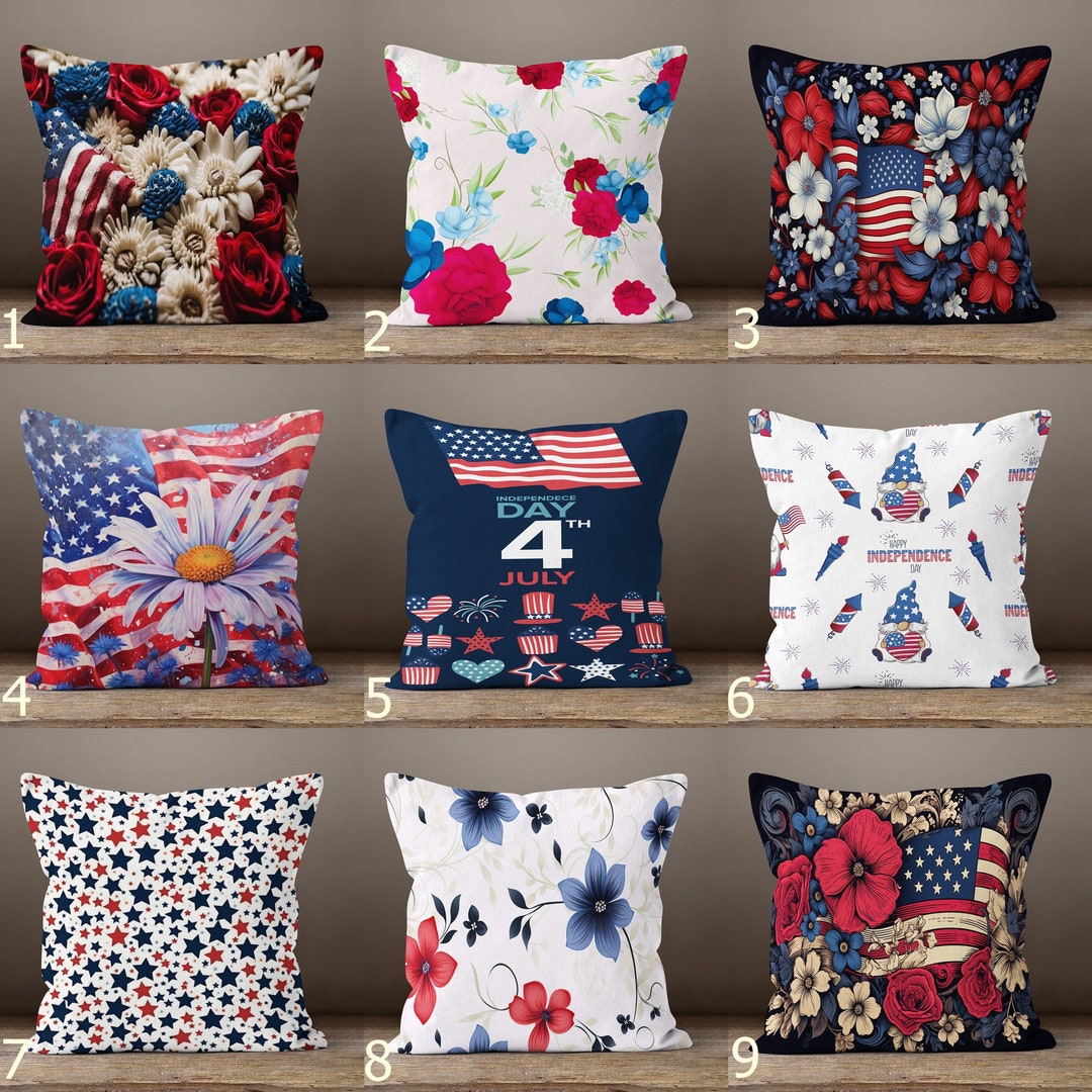 4th of July Pillow Covers, Patriotic Decor Pillowcase, Red Blue Floral ...