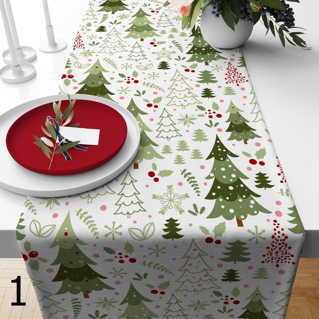 Christmas Tree Table Runner, Winter Pine Trees Runners, Xmas Holly ...