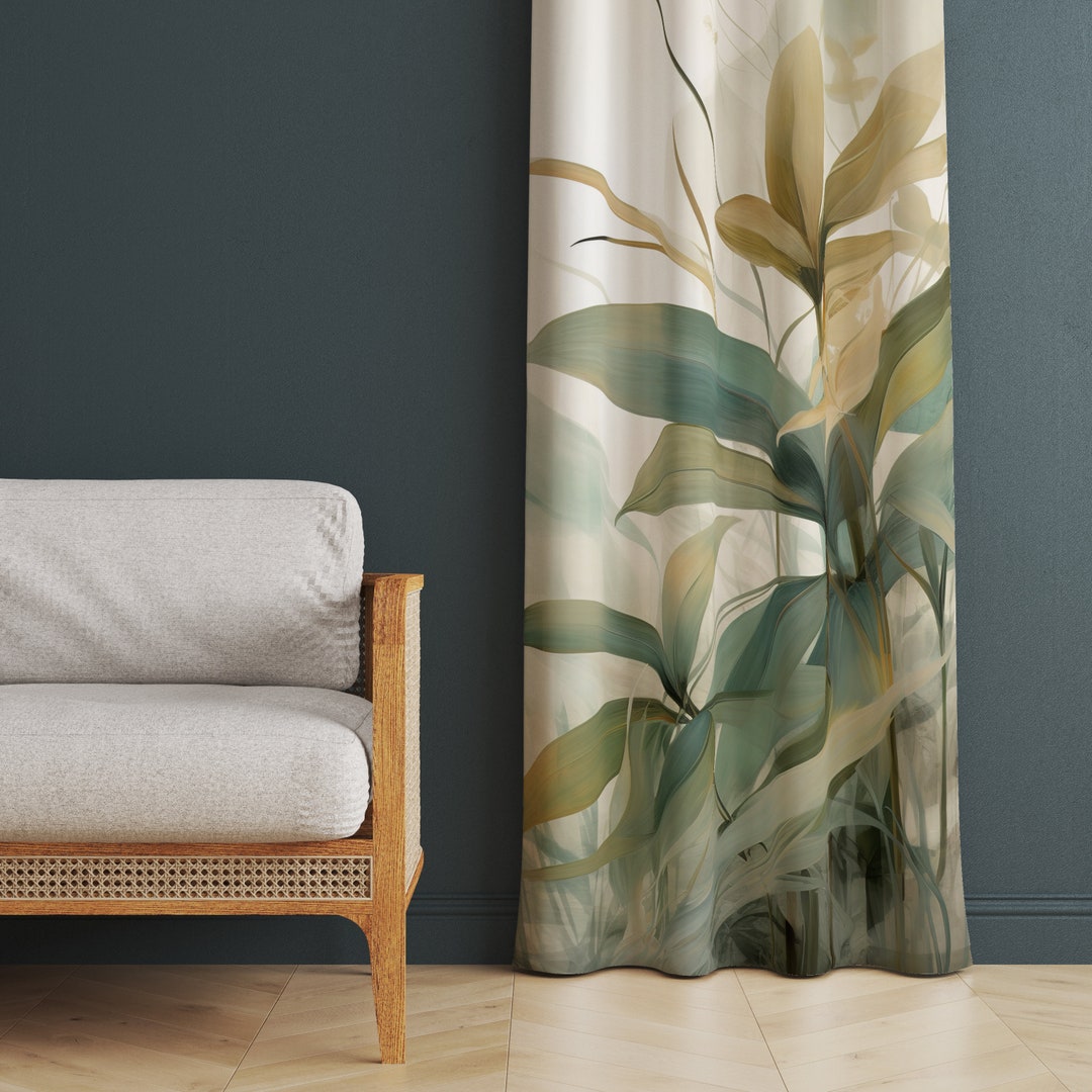 Tropical Abstract Leaf Curtains, Retro Exotic Leaves Curtain Panel, Mid ...