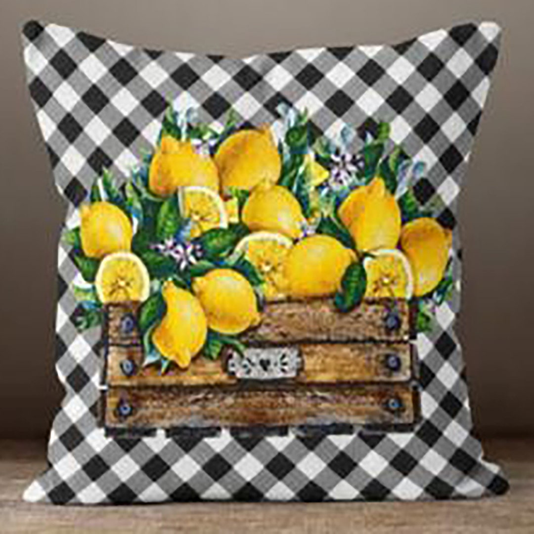Floral Lemon Plaid Pillow Cover, Lemon Plaid Cushion Case, Decorative ...