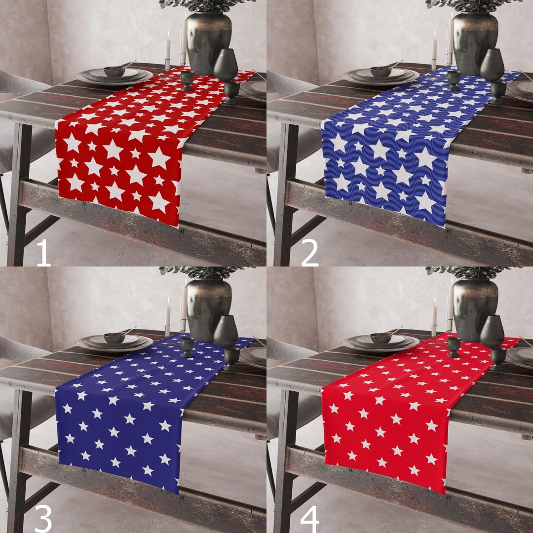 July 4th Usa Table Runner, Red and Blue Background White Star Runner ...