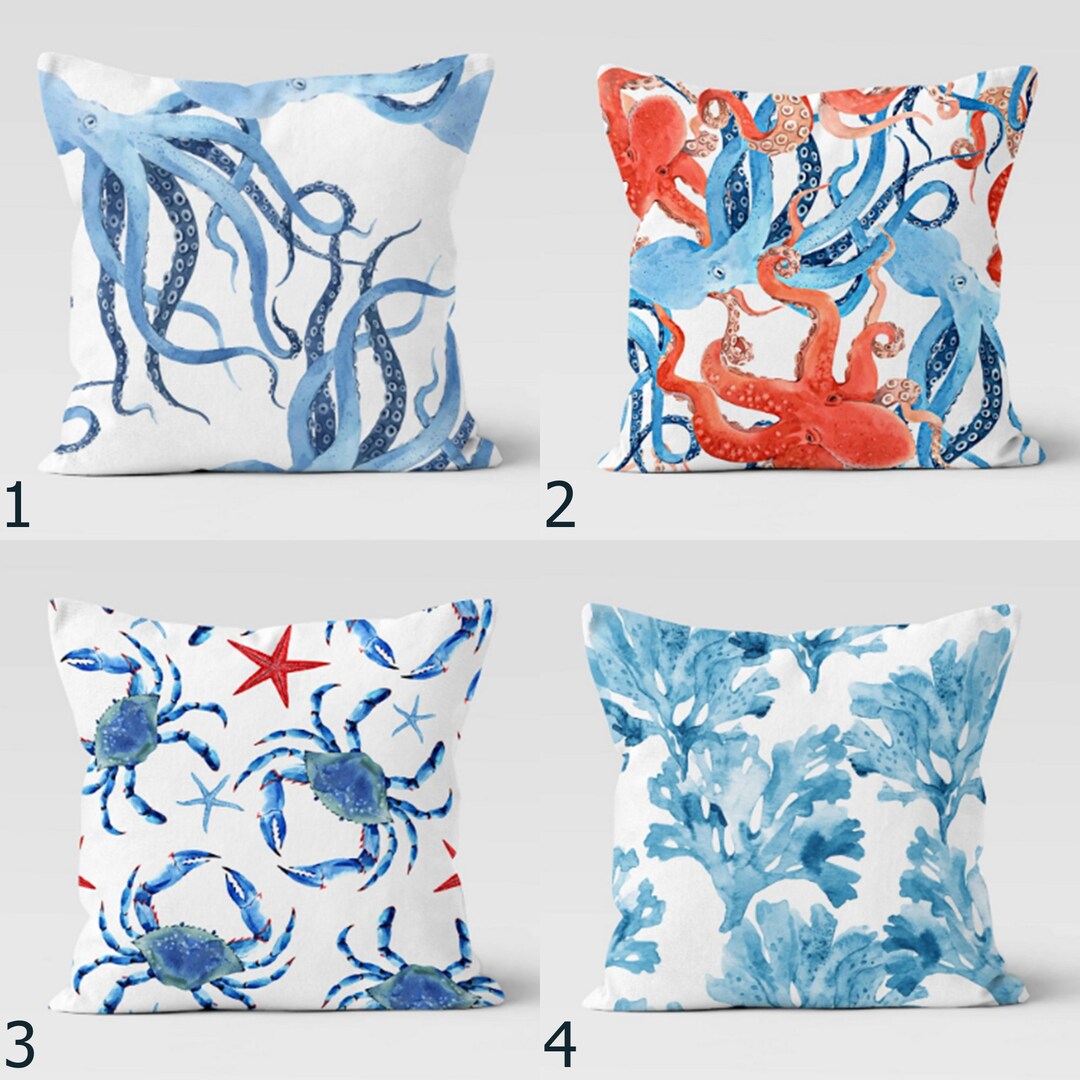 Nautical Coral Pillow Covers, Coastal Throw Pillow Cover, Sea Creatures ...