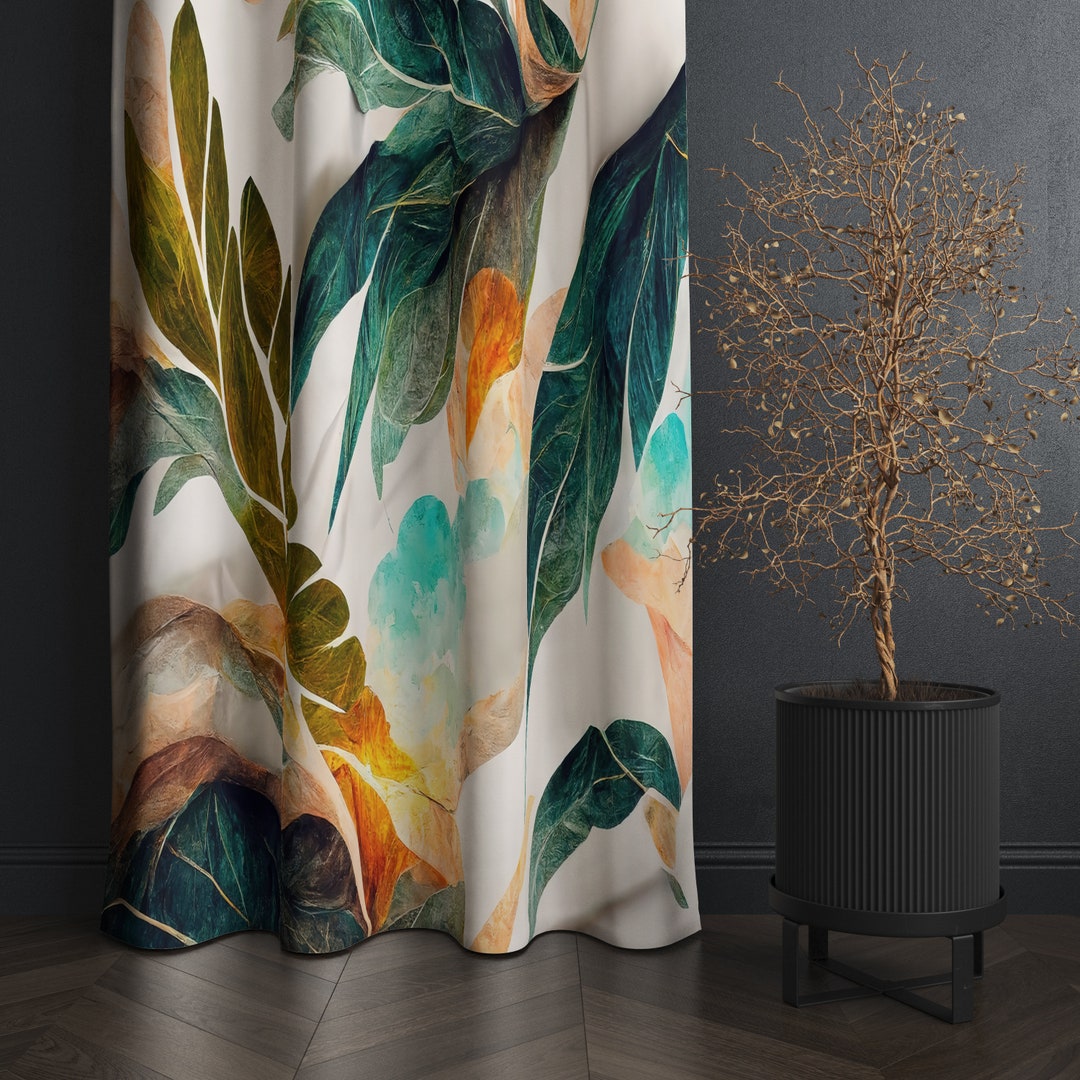 Tropical Curtains, Green Tropical Leaves Printed Drapes, Botanical ...