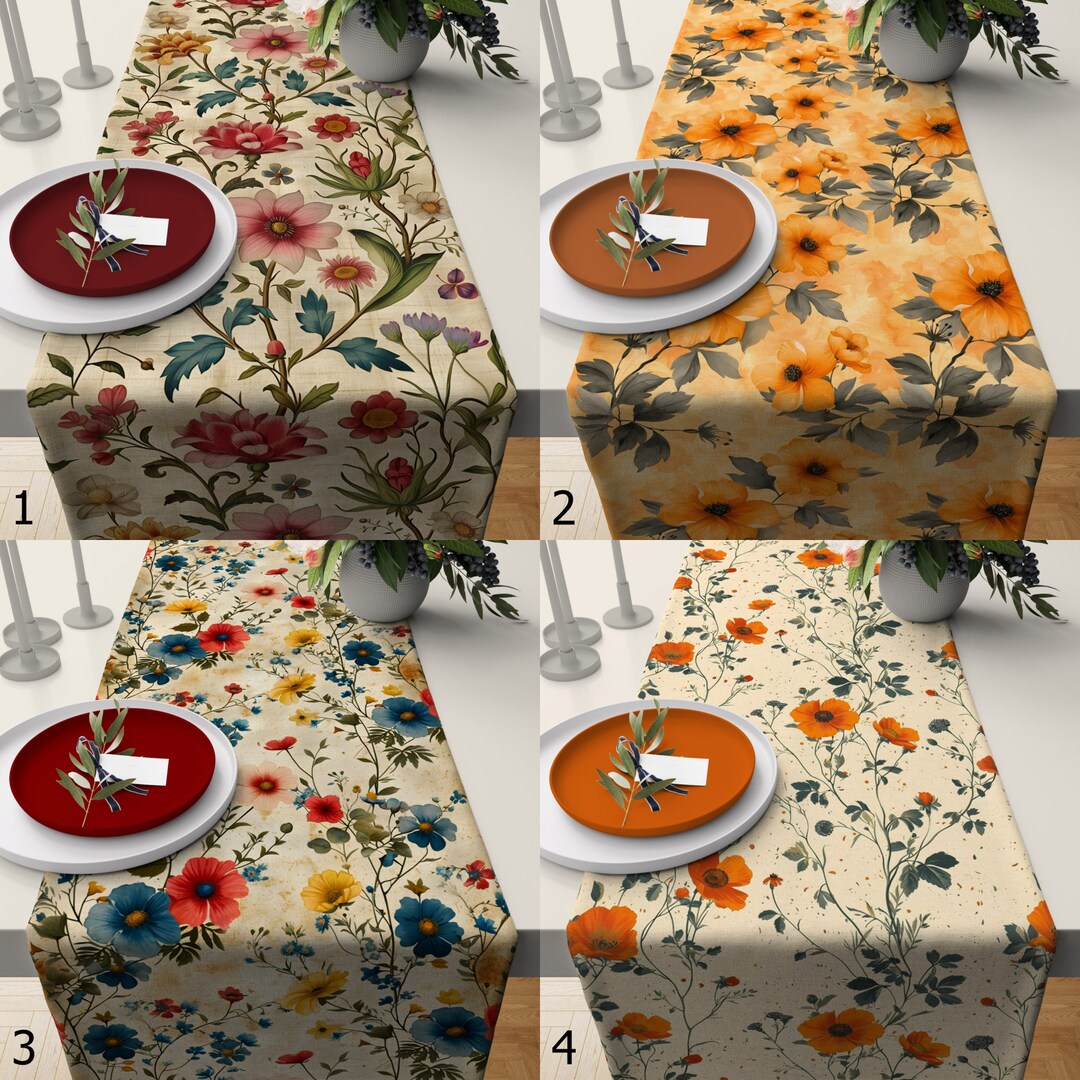 Elegant Floral Vintage Table Runner, Autumnal Orange Table Runners, Colorful Wildflowers Runners ...