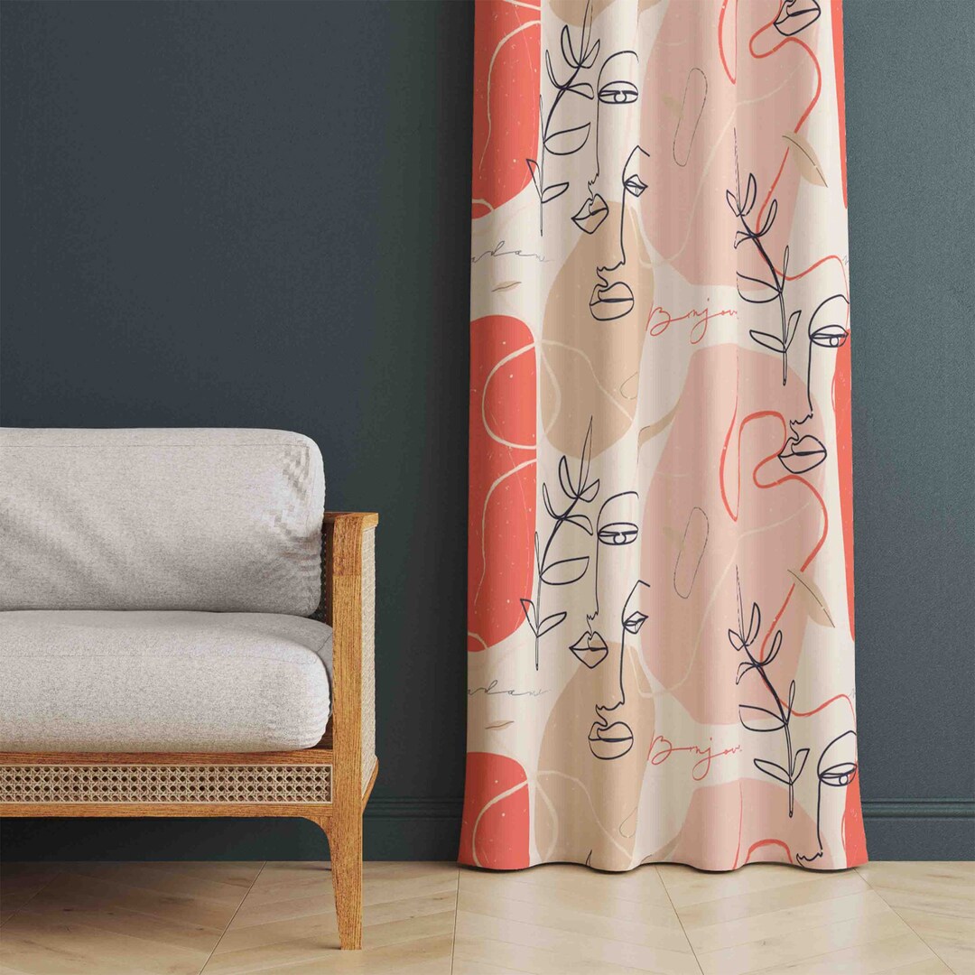 Modern Abstract Faces Panels, Line Art Drapes, Contemporary Line Art ...