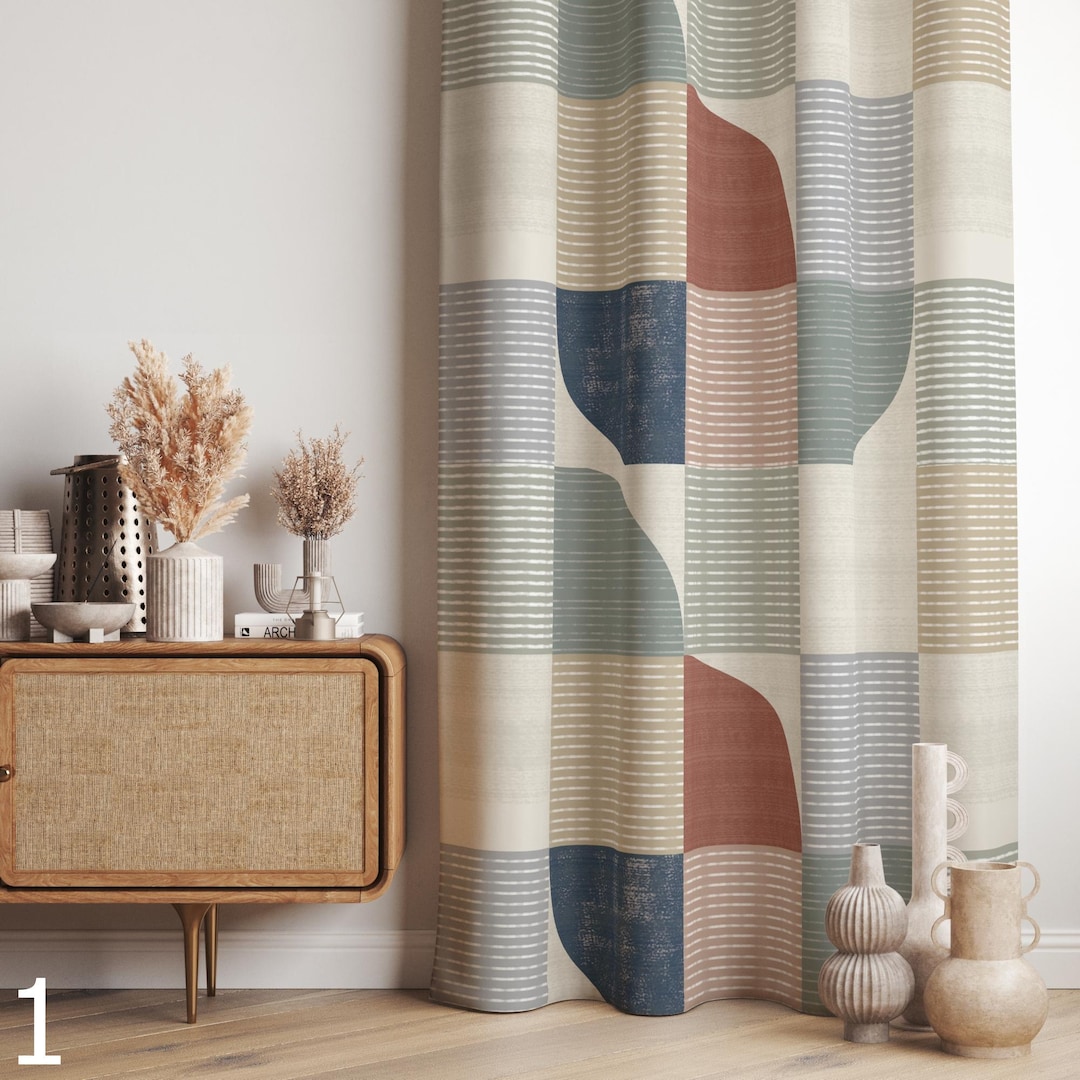 Mid Century Window Curtain, Retro Geometric Abstract Drapes, Mcm Panels ...