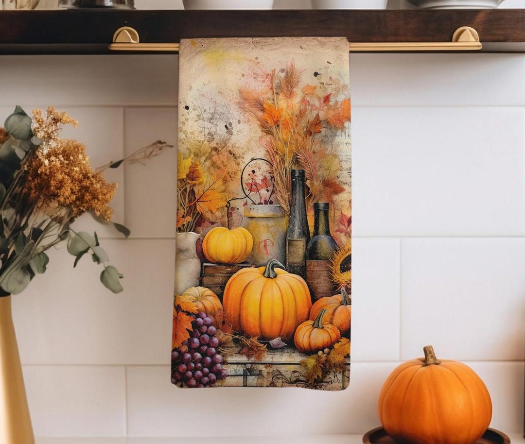 Fall Pumpkin Kitchen Decor, Orange Autumn Dish Towels, Pumpkin Decor ...