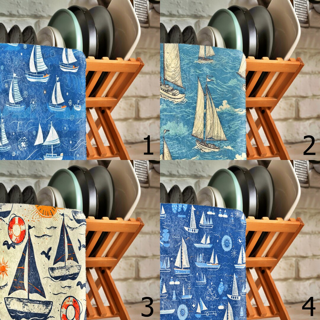 Nautical Tea Towels, Sailboat Pattern Kitchen Towel, Coastal Boat ...