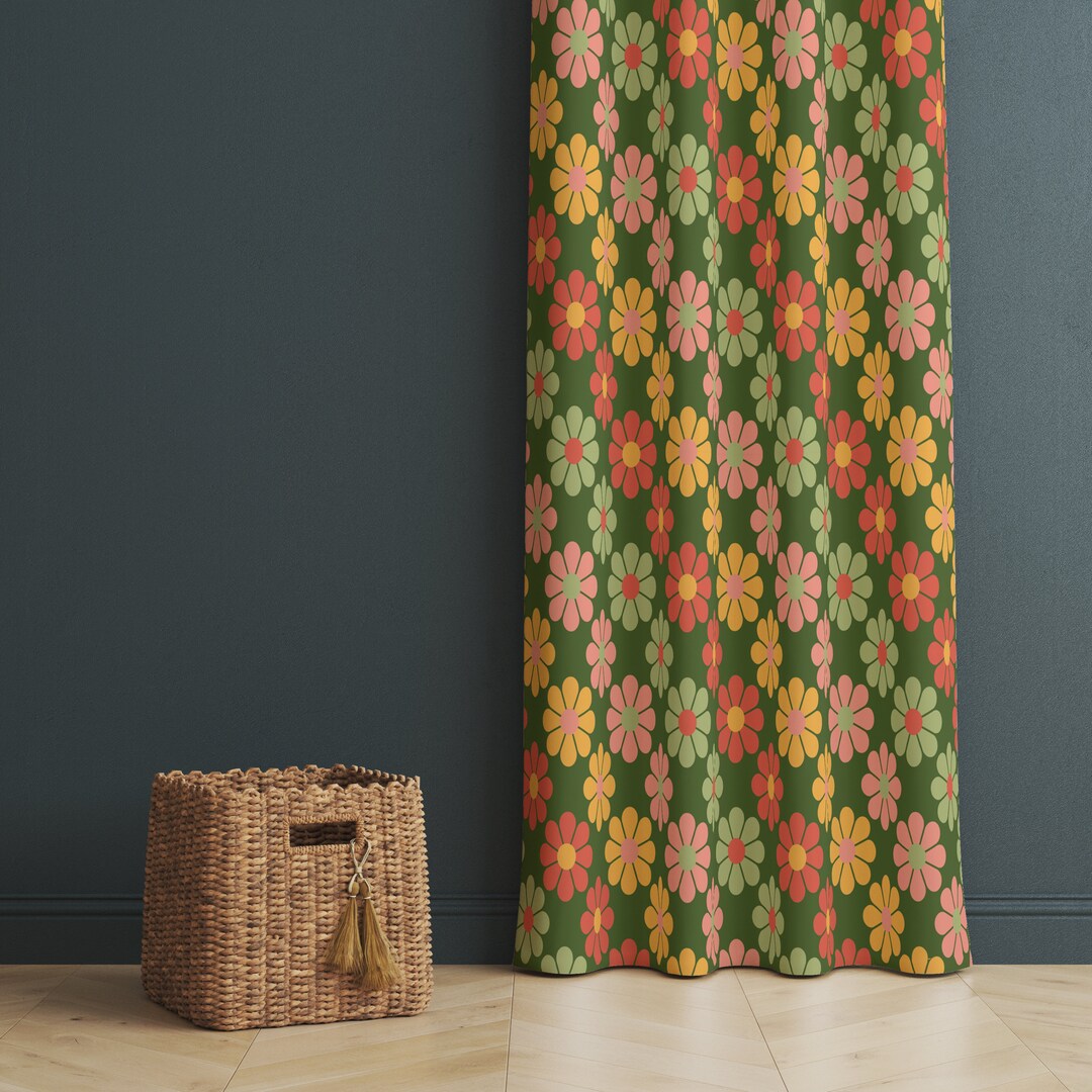Retro Flowering Curtains, Retro Flowers Decore Curtains, Hippie Flowers ...