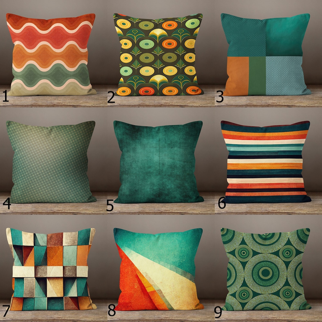 Retro Green Pillow Covers, Retro Colors Throw Pillow Covers, Green ...