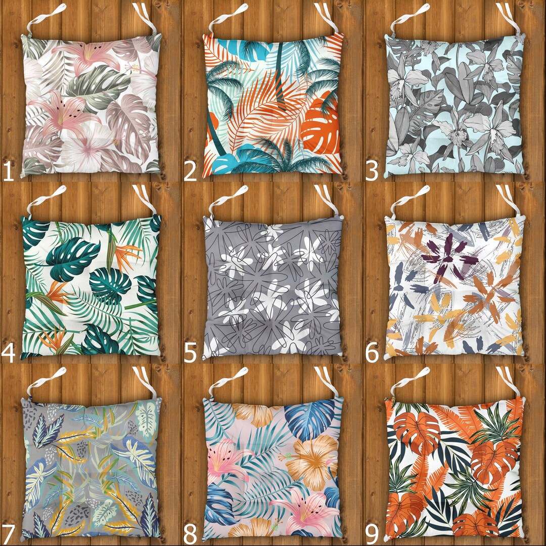 Botanical Chair Cushion With Ties, Tropical Leaf Chair Pad With Ties ...