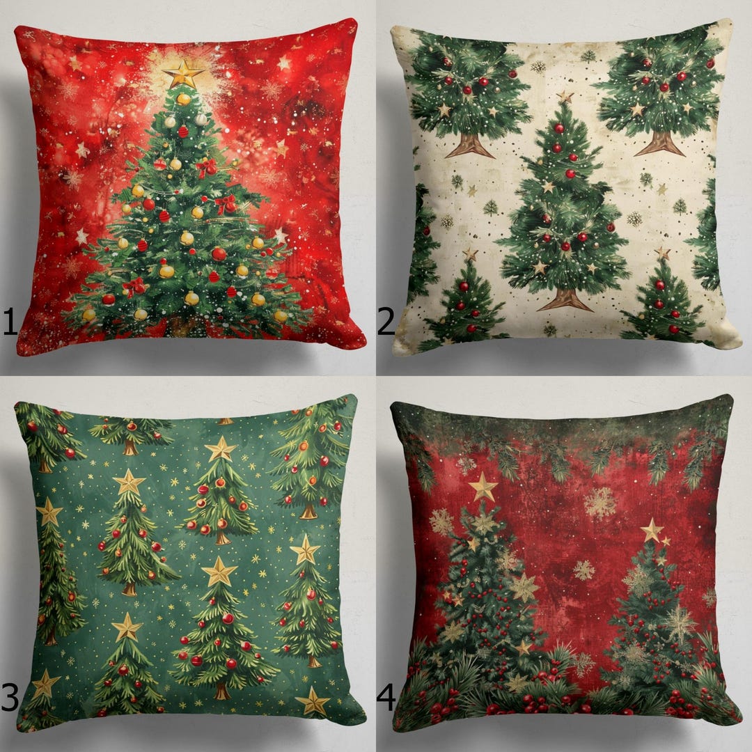 Red and Green Christmas Tree Pillow Cover, Festive Forest Xmas ...