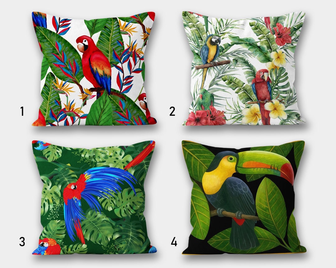 Parrot Throw Pillow Covers, Tropical Jungle Parrot Green Leaf Pillow ...