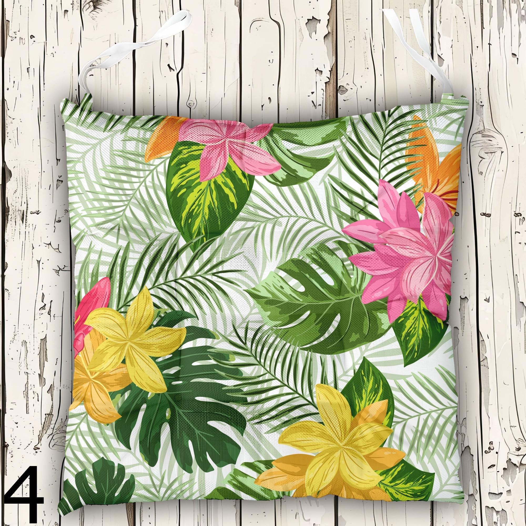Botanical Chair Cushion With Ties, Tropical Chair Pads, Retro Floral ...