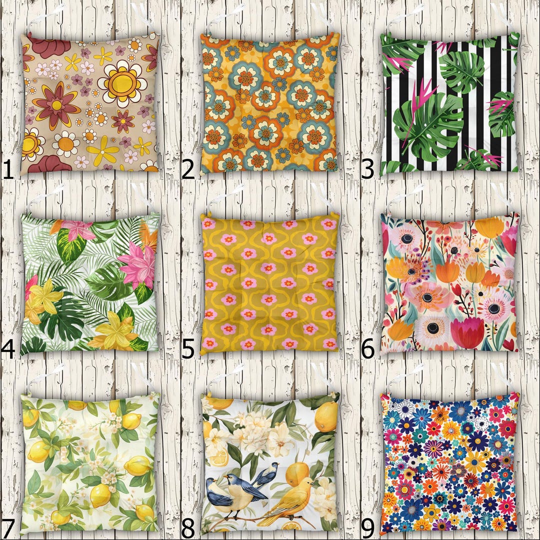 Botanical Chair Cushion With Ties, Tropical Chair Pads, Retro Floral ...