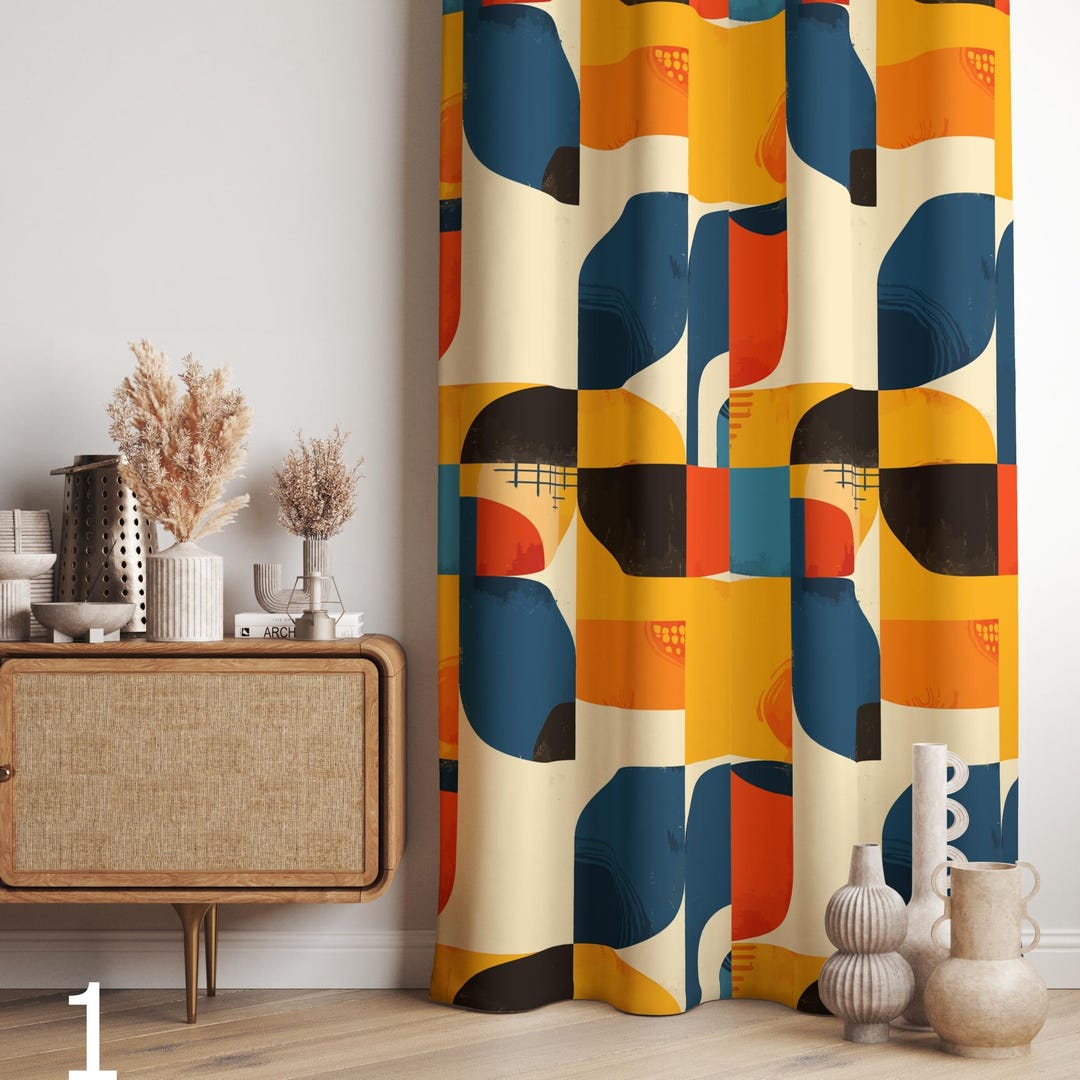 70s Retro Curtains, Retro Geometric Abstract Curtains, MCM Curtain ...