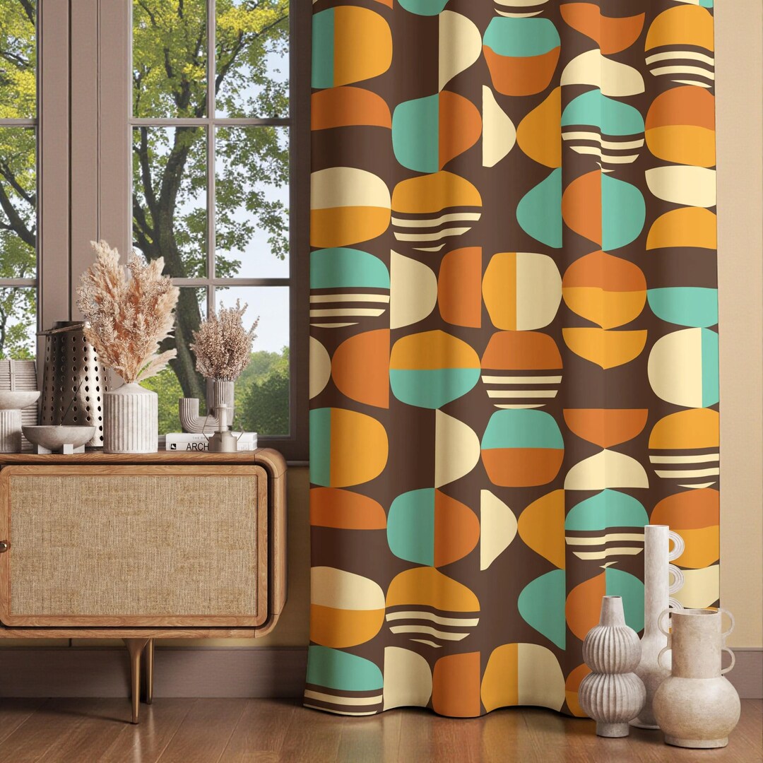 Mid-century Modern Curtains, 70s Window Drapes, Retro 70s Curtain Panel ...