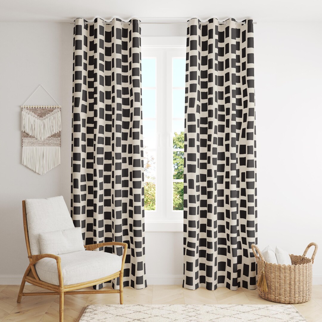 Black White Geometric Curtain, Modern Minimalist Drapes, Scandi Grid ...