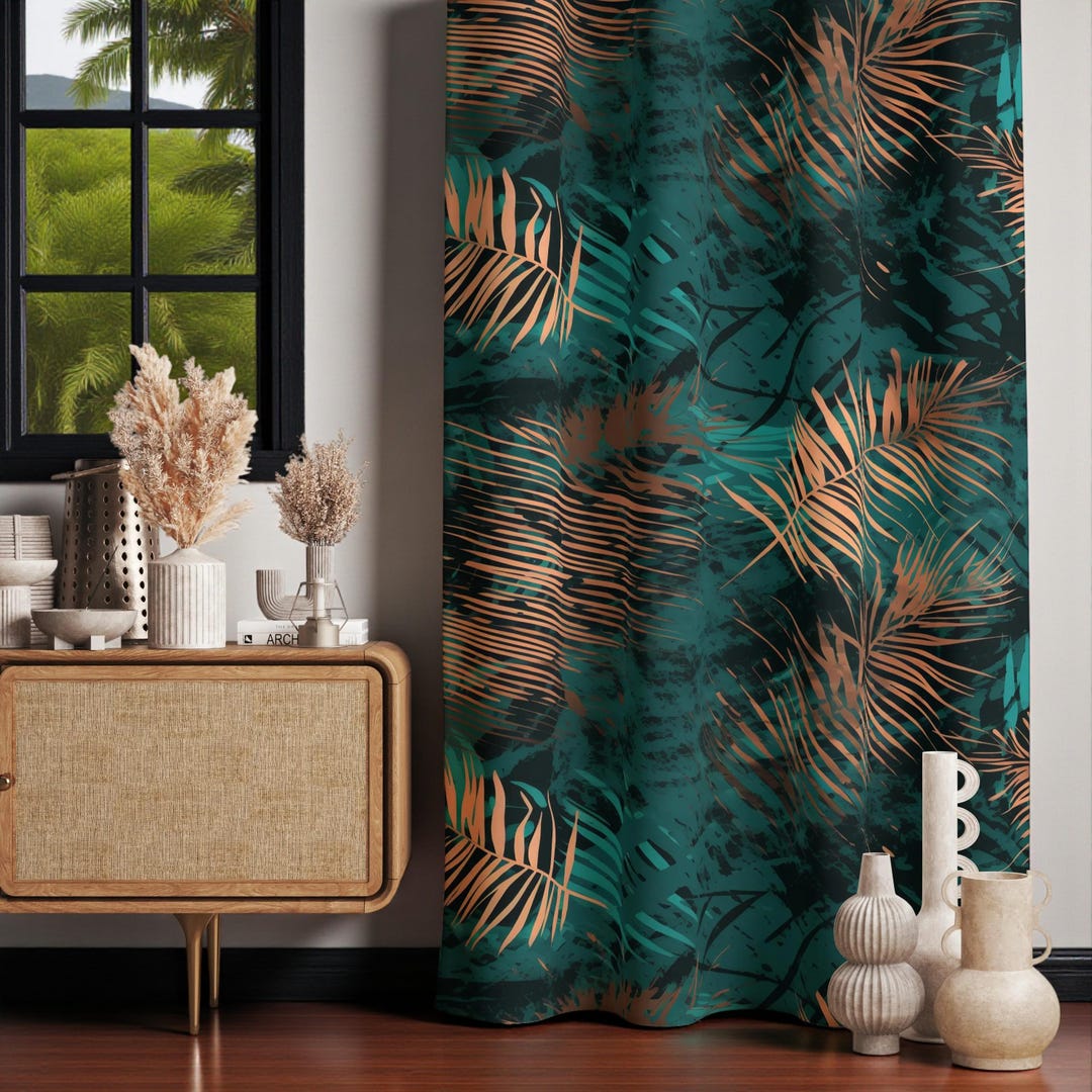 Botanical Leaves Curtain Panels, 50s Barkcloth Curtain, Exotic Leaves ...