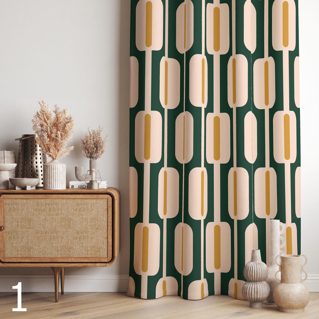 Mid Century Modern Curtains, Funky Retro Curtain Panels, 70s Boho Printed Curtain, Mid Century ...
