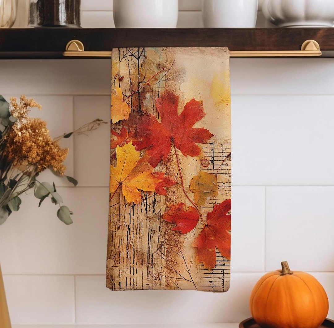 Orange Autumn Dish Towels, Maple Decor Kitchen Towels, Fallen Leaves ...