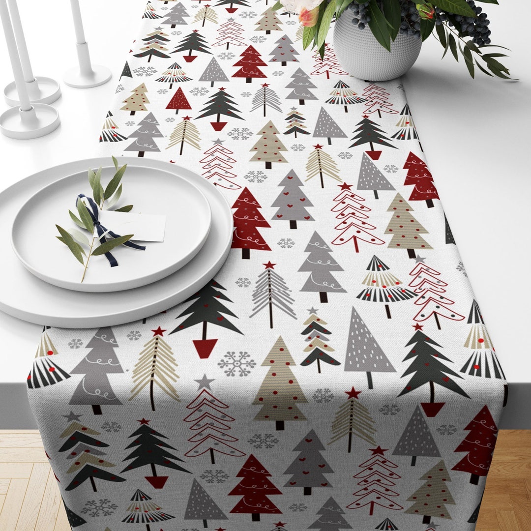 Christmas Table Runner, Xmas Trees Tablecloth, Red White Table Runner ...